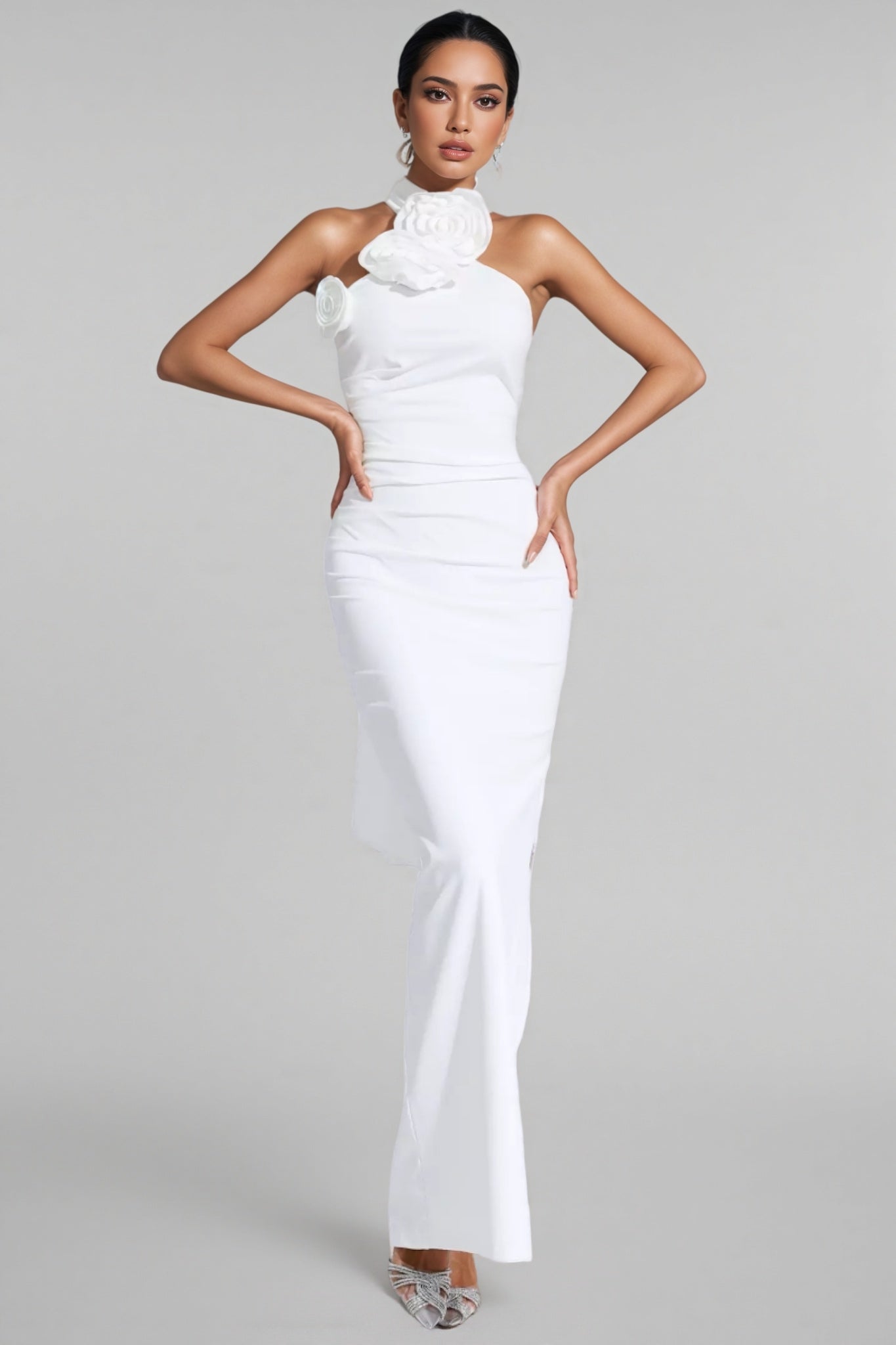 Hilia White Floral Ruched Halter Maxi Dress – Ooins