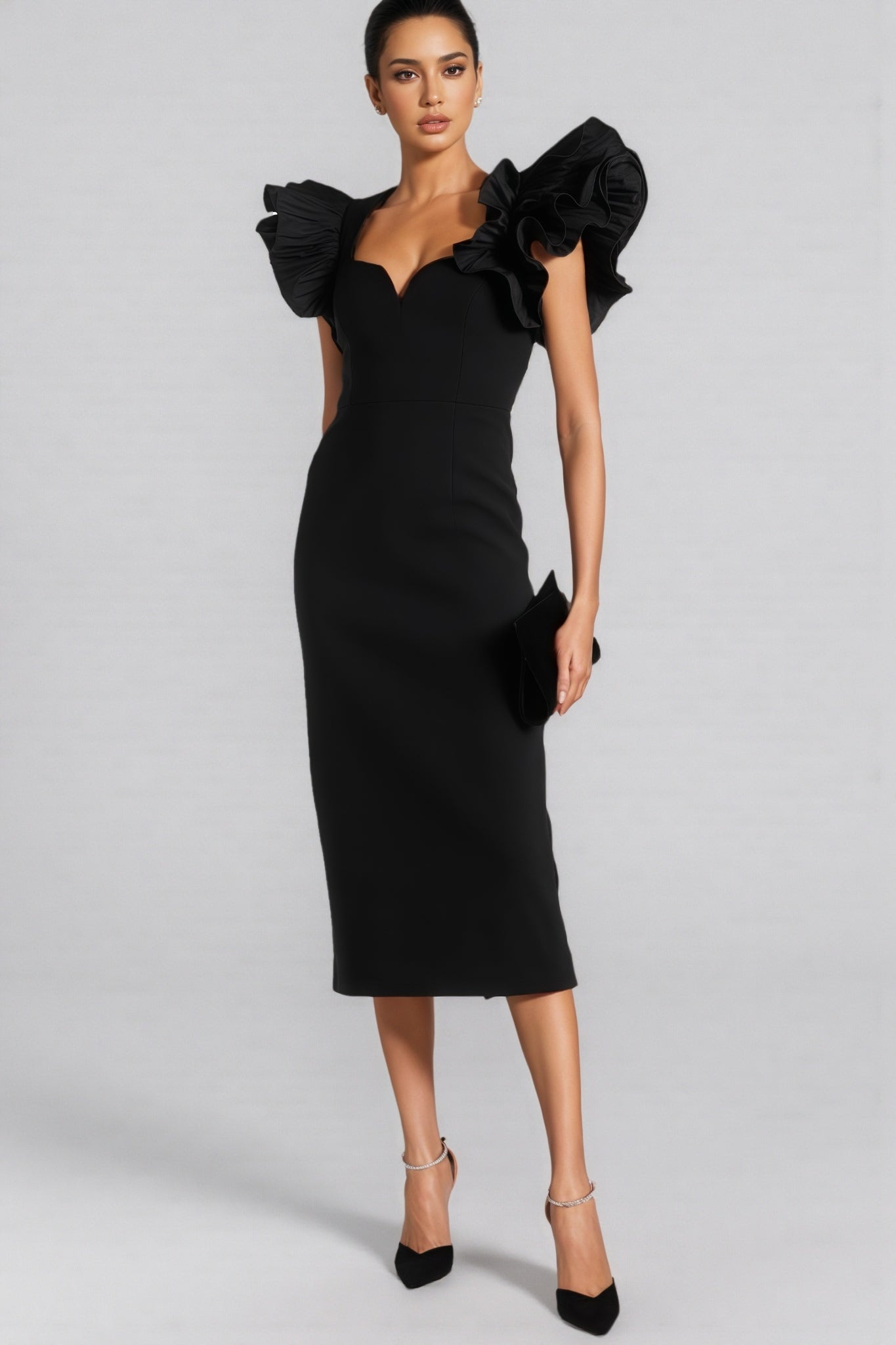 Starsha Black Puff Sleeve Midi Dress – Ooins